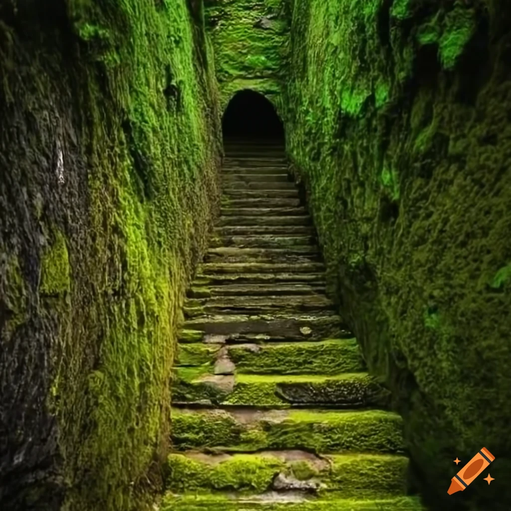 Moss-covered staircase ascending through a stone passage
