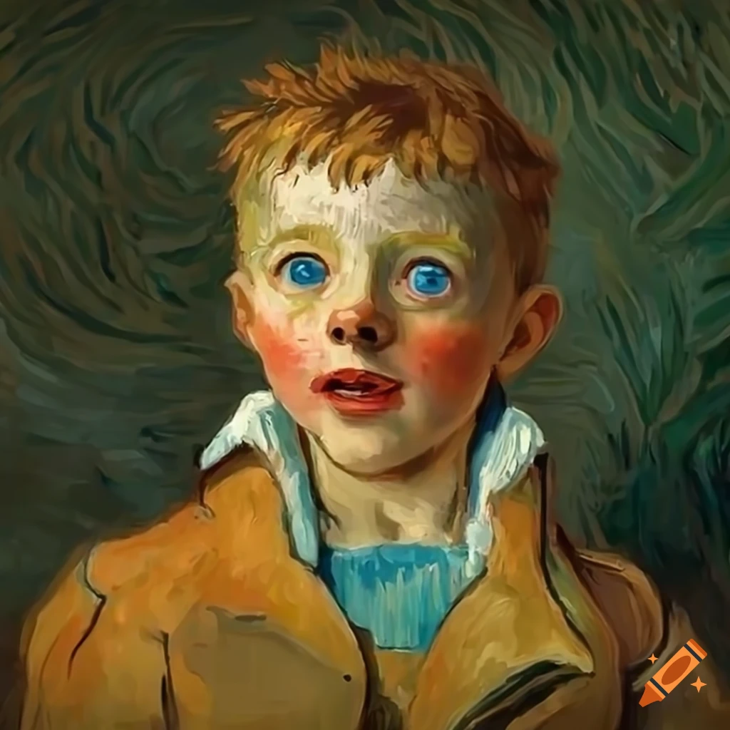 Painting of a happy boy posing with dogs by van gogh