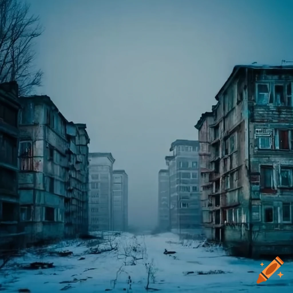 Sunset view of abandoned soviet panel houses on Craiyon