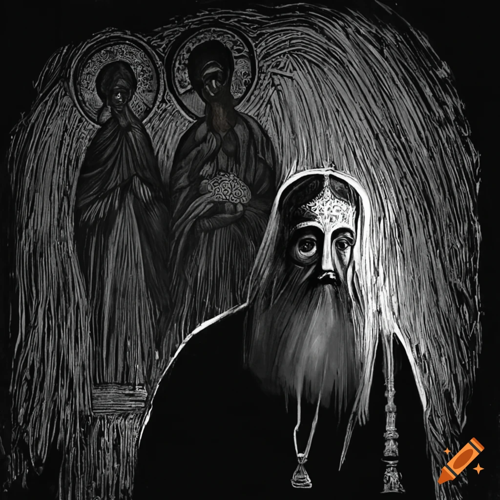 Orthodox schemamonk praying in front of an iconstasis on Craiyon