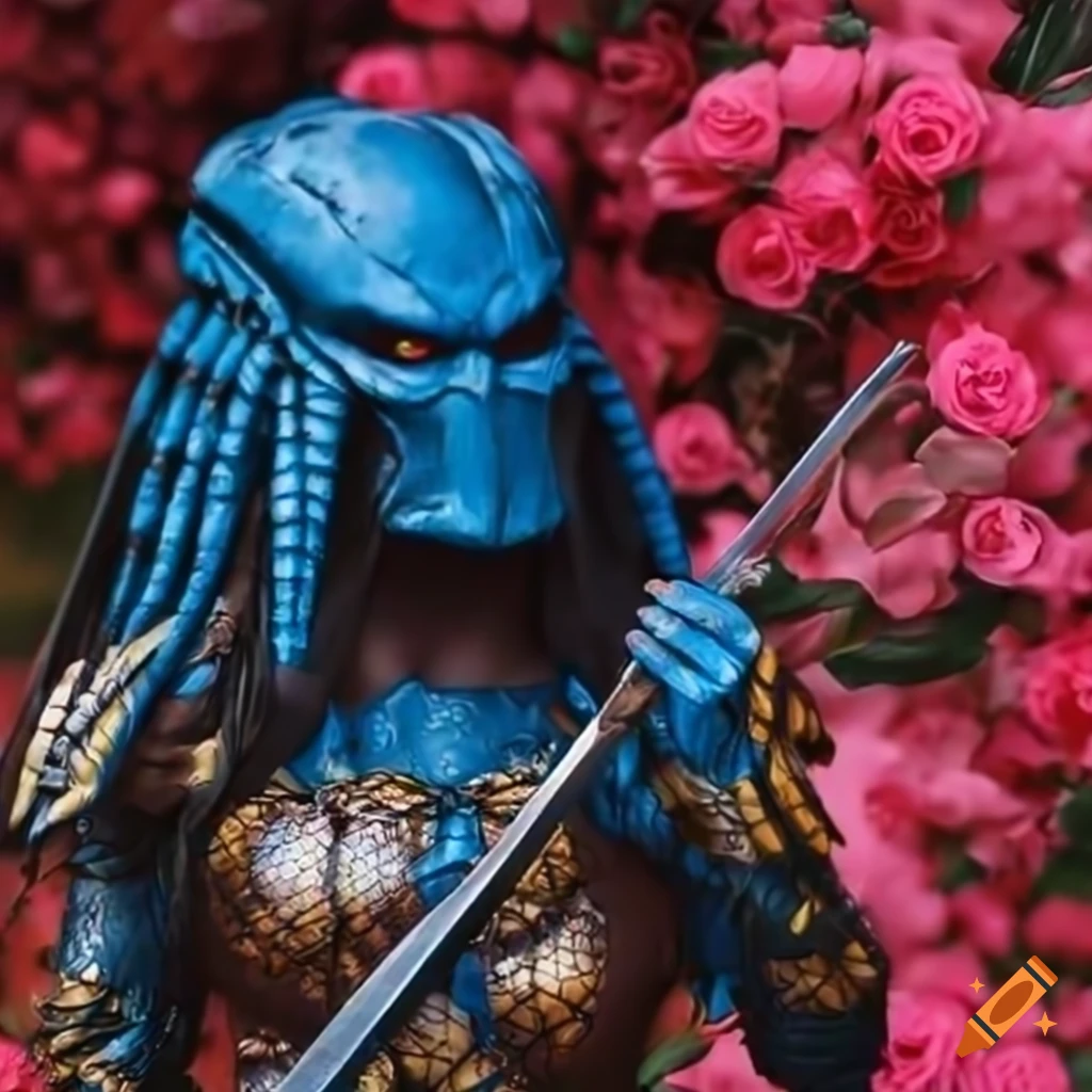 Illustration of an alien woman with flowers and sword