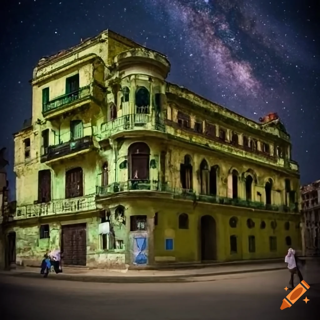 Escher-style moss-covered building with milky way in the background on ...