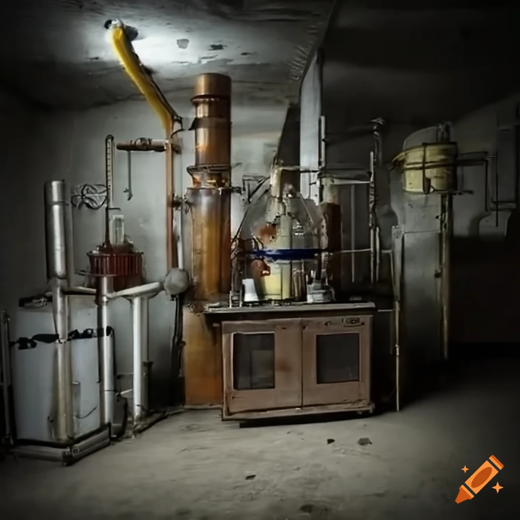 Photo of an underground chemical laboratory with distilling setup on ...