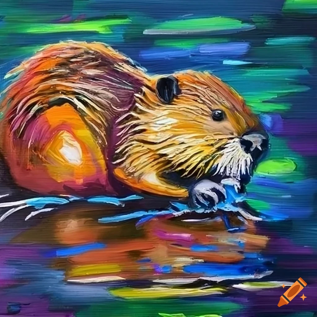 Vibrant acrylic painting of a beaver