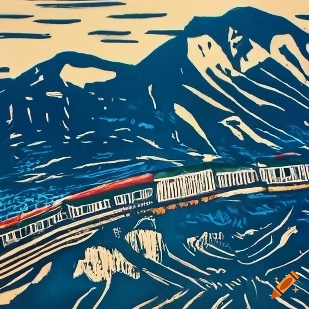 Lino print of a train passing through mountains