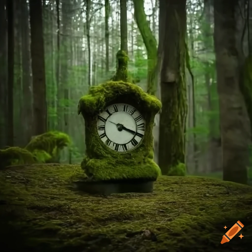 Moss-covered clock in a forest on Craiyon
