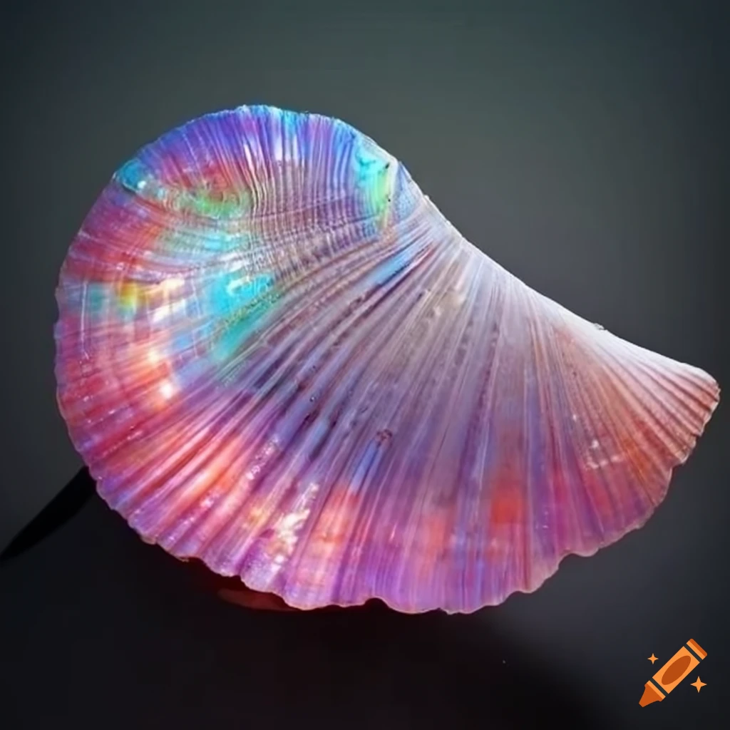 Realistic depiction of a giant iridescent floral seashell on Craiyon