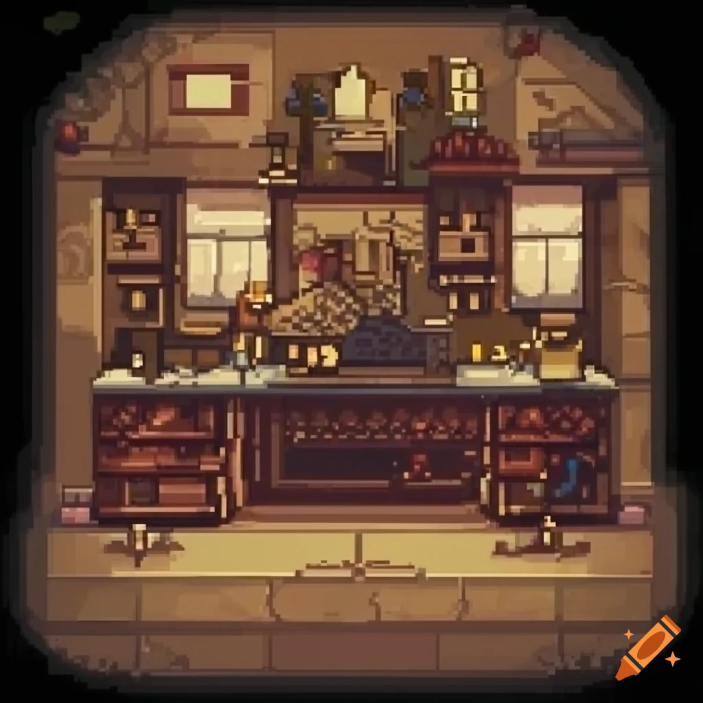 Pixel art of a steampunk medieval kitchen on Craiyon