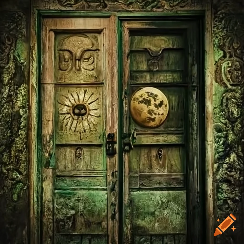 Engraved figures of the sun and the moon on moss-covered doors