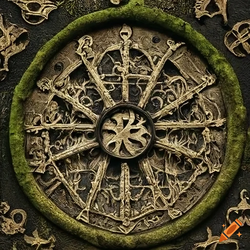 Ancient doors with engraved solar symbols on Craiyon