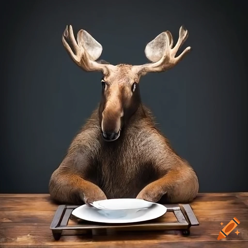 Photograph of a moose sitting at a picnic table on Craiyon