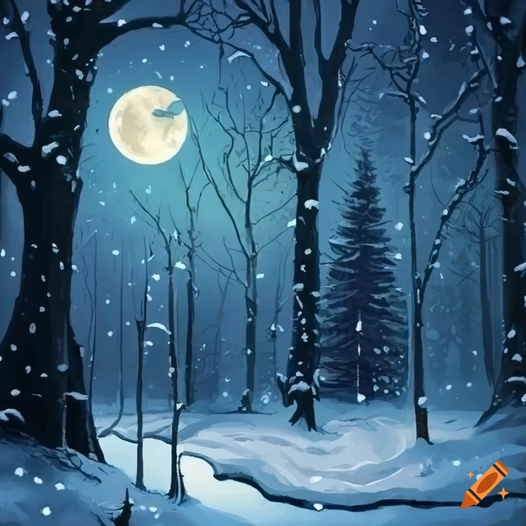 Winter forest illuminated by moonlight on Craiyon