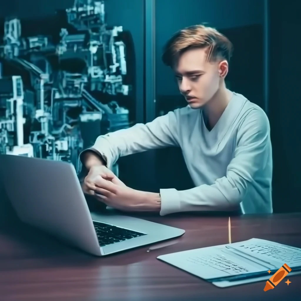 Blonde male programmer typing on laptop in modern office on Craiyon