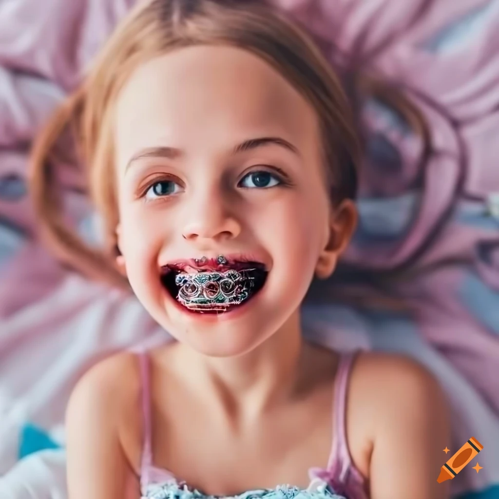 Smiling girl with silver braces on bed on Craiyon