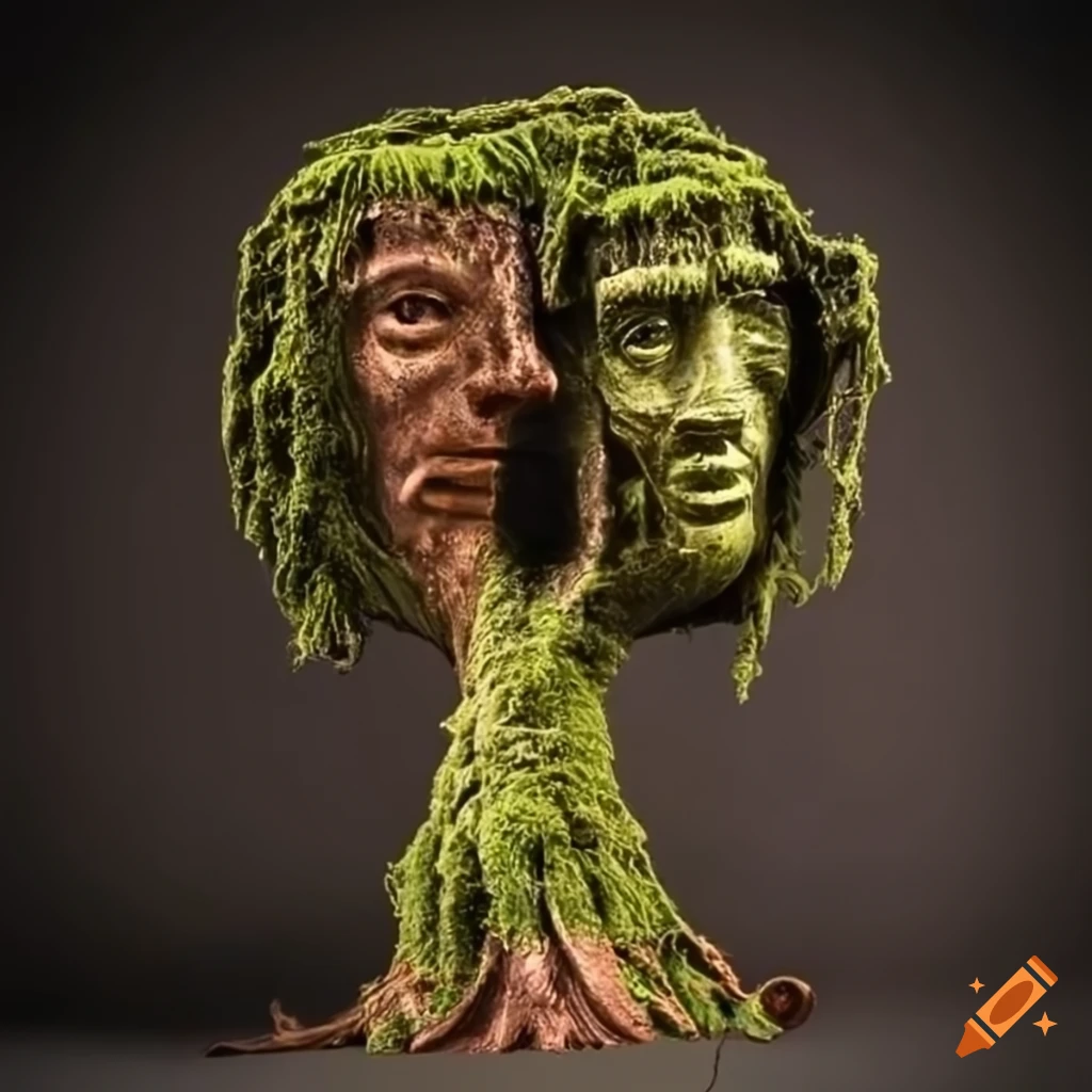 Artistic tree with metal faces covered in moss