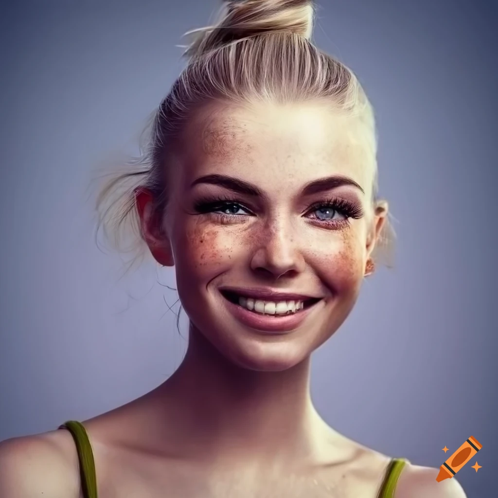 Portrait of a beautiful young woman with freckles and blonde hair on ...