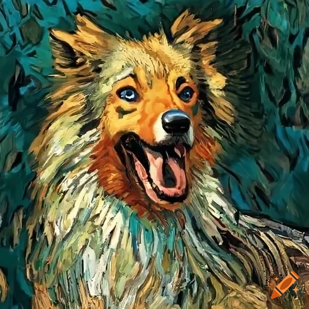 Painting of a happy boy posing with dogs by Van Gogh on Craiyon