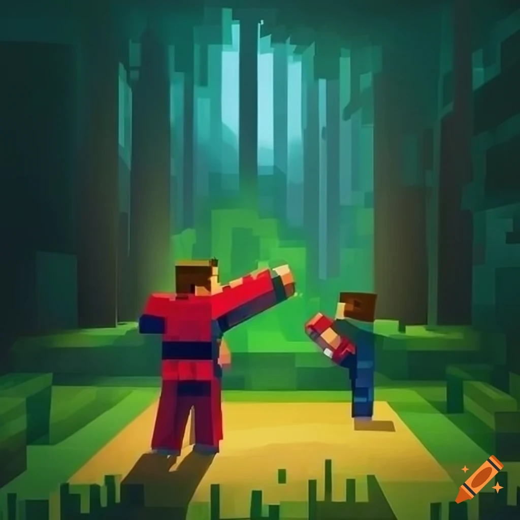Acrylic artwork of minecraft karate match in nature on Craiyon
