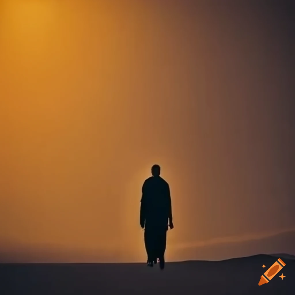 Man with long hair walking alone in the desert