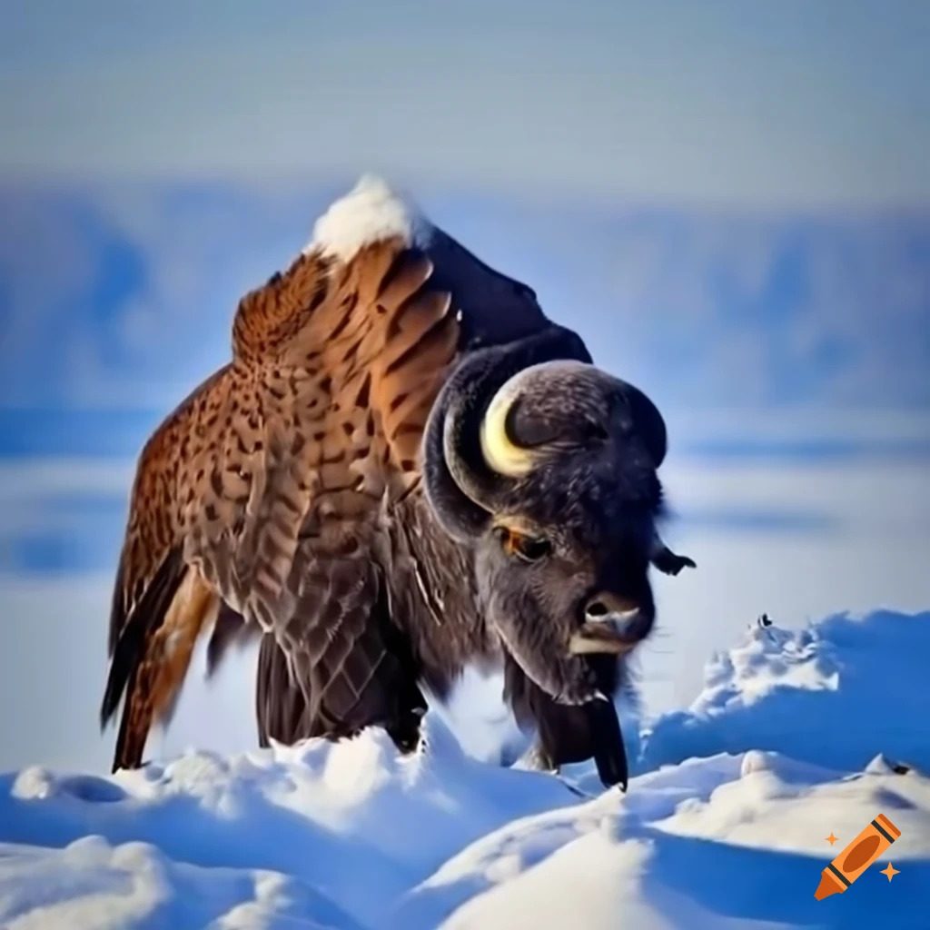 Falcon on a buffalo in the snow