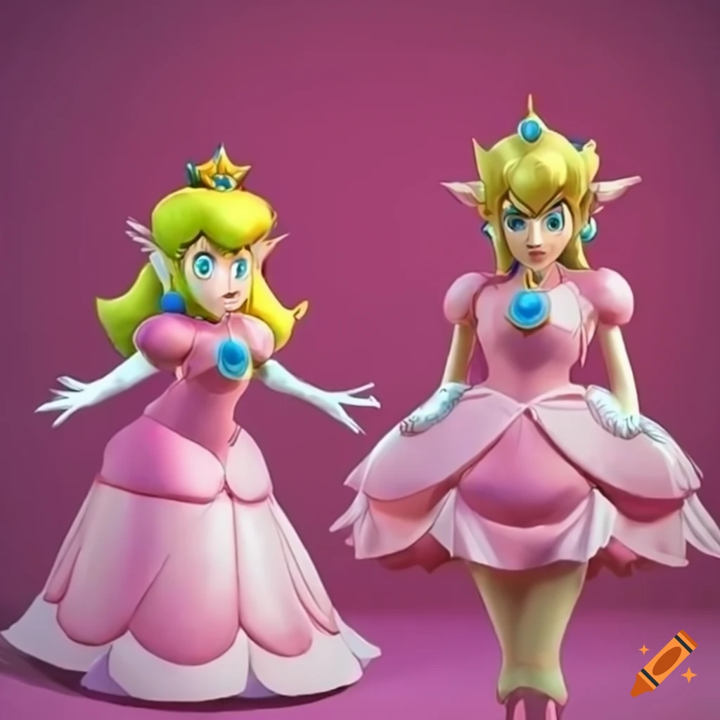 Princess Peach and Link posing in silk ballgowns on Craiyon
