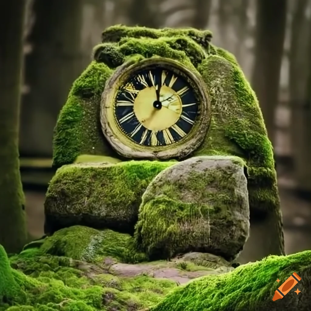 Ancient forest with a moss-covered stone clock on Craiyon