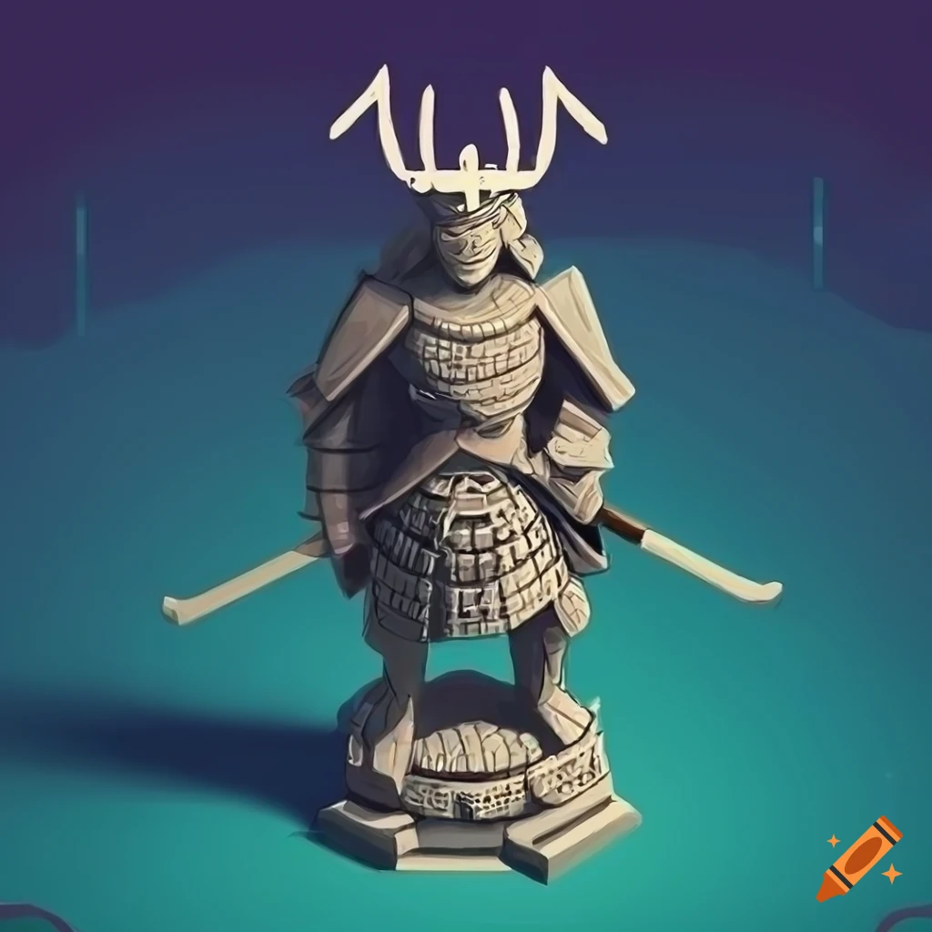 Isometric view of a large stone samurai statue