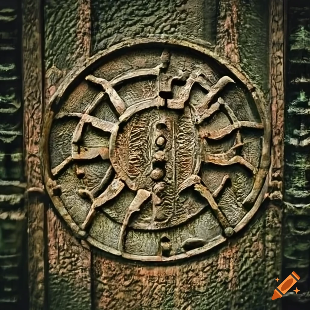 Round wooden amulet with glasses symbols carved on Craiyon