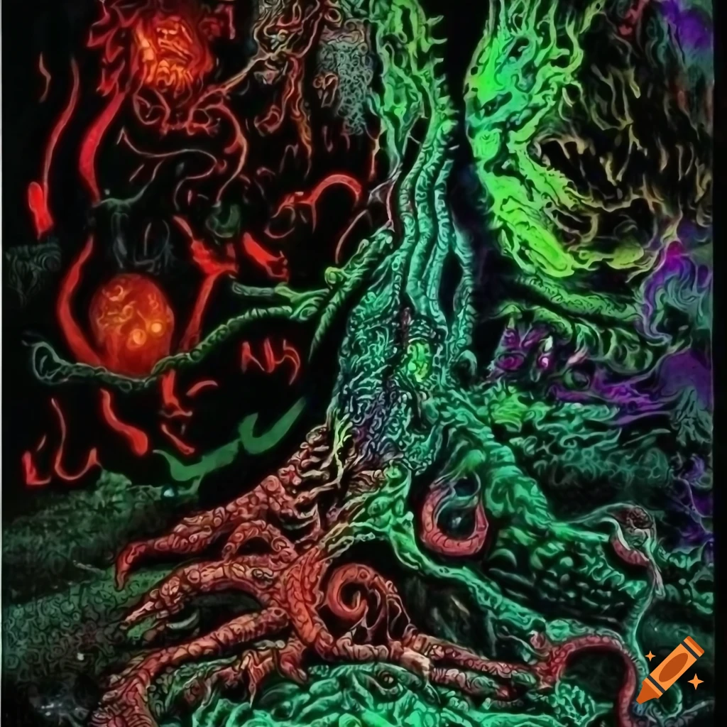 Epic mural with lovecraftian and psychedelic elements on Craiyon