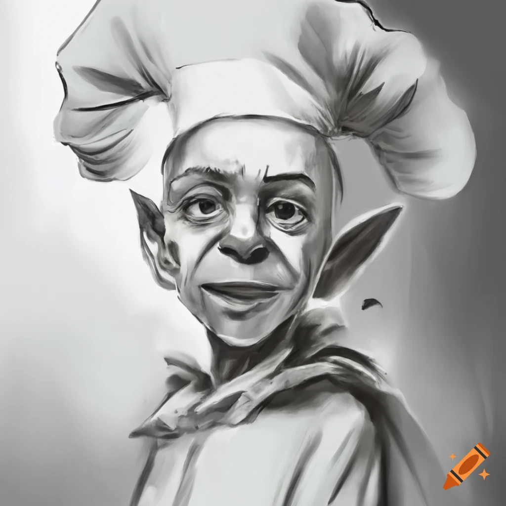 Black and white sketch of an elf chef