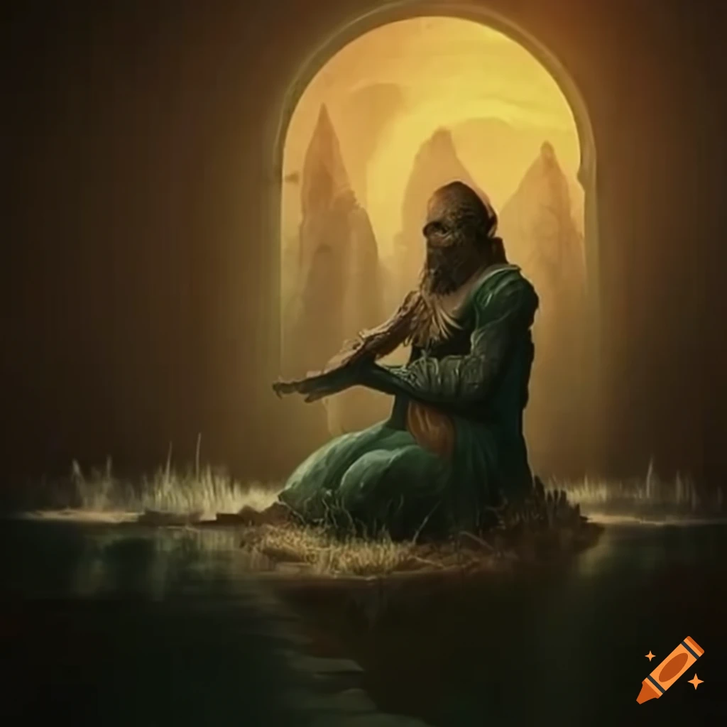 Illustration of a man crying by the lake