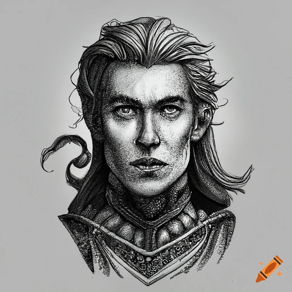 Black ink illustration of a handsome sorcerer on Craiyon