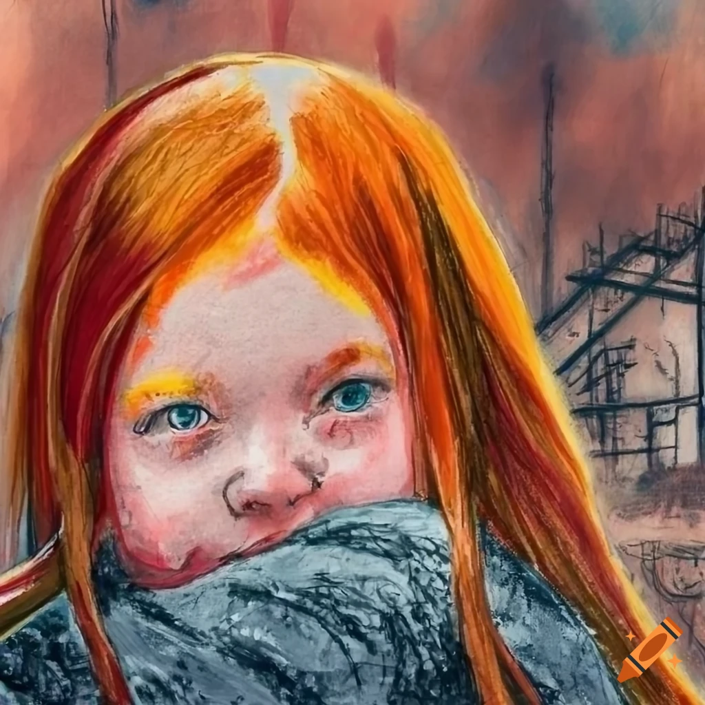 Crayon drawing of a girl with red hair in an industrial landscape