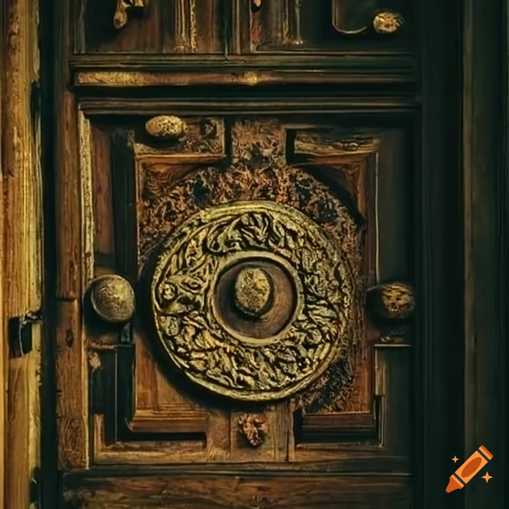 Engraved symbol of the sun and the moon on moss-covered doors