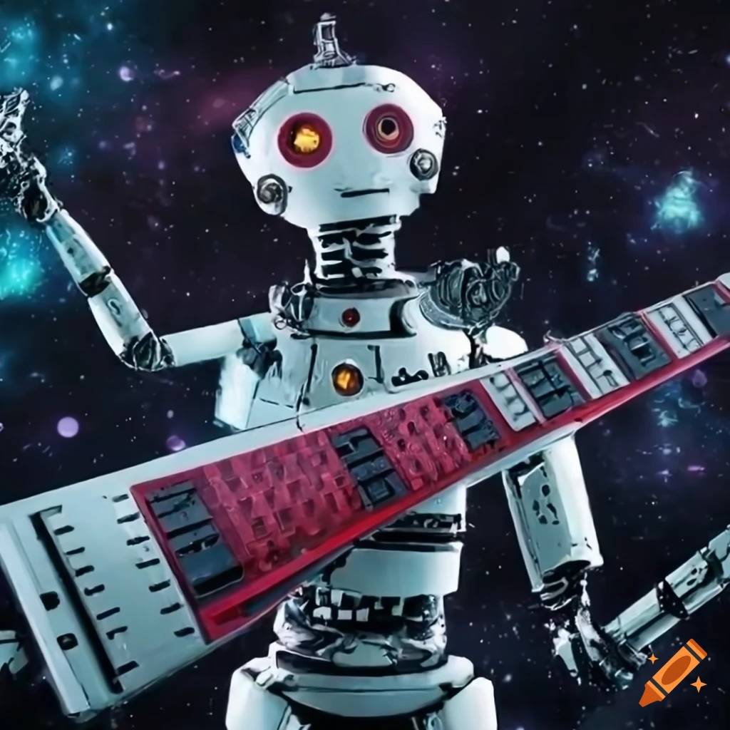 Robot playing keytar in space