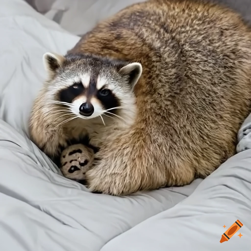 Funny raccoon laying on a bed on Craiyon