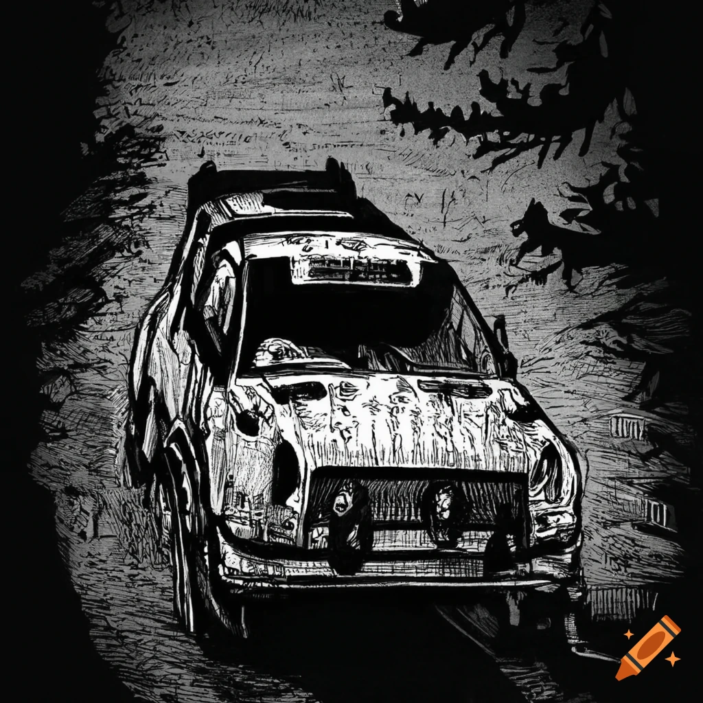 Junji Ito's ink drawing of two rally cars racing on Craiyon