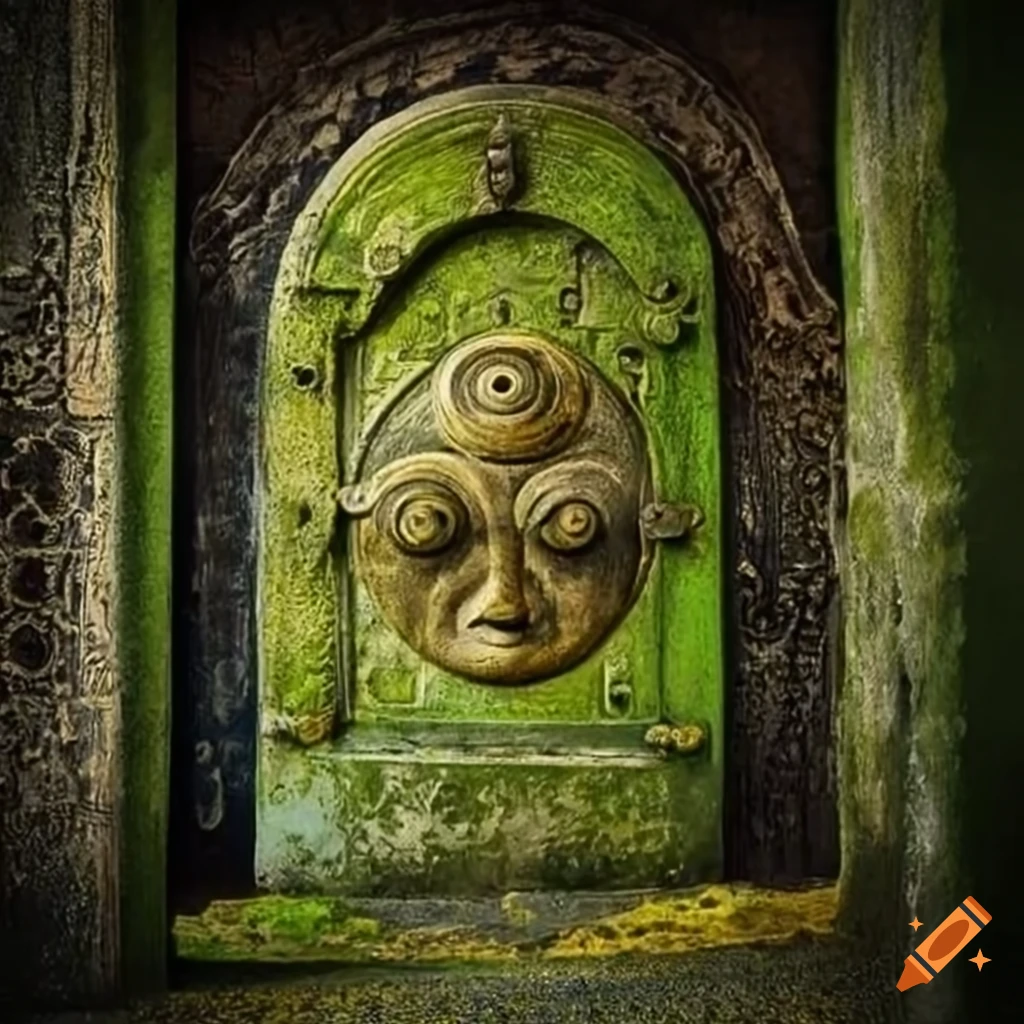 Engraved figures of the sun and the moon on moss-covered doors on Craiyon