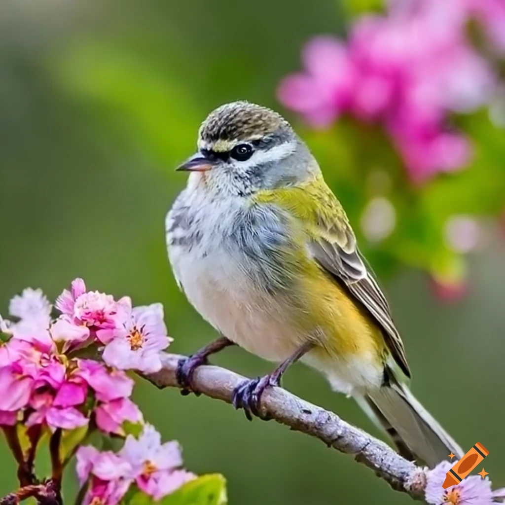 Photograph of a chubby bird on pink flowers