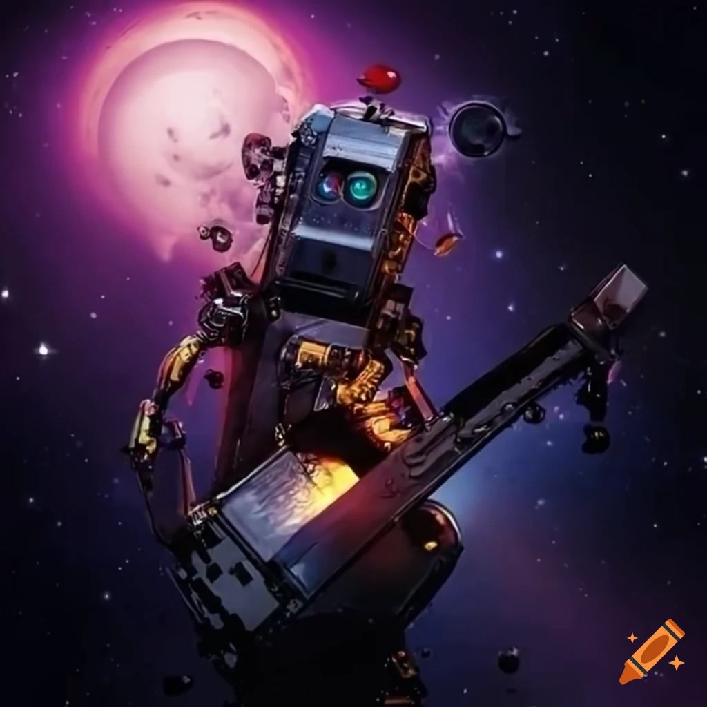 Sci-fi artwork of a broken robot playing a keytar in space on Craiyon