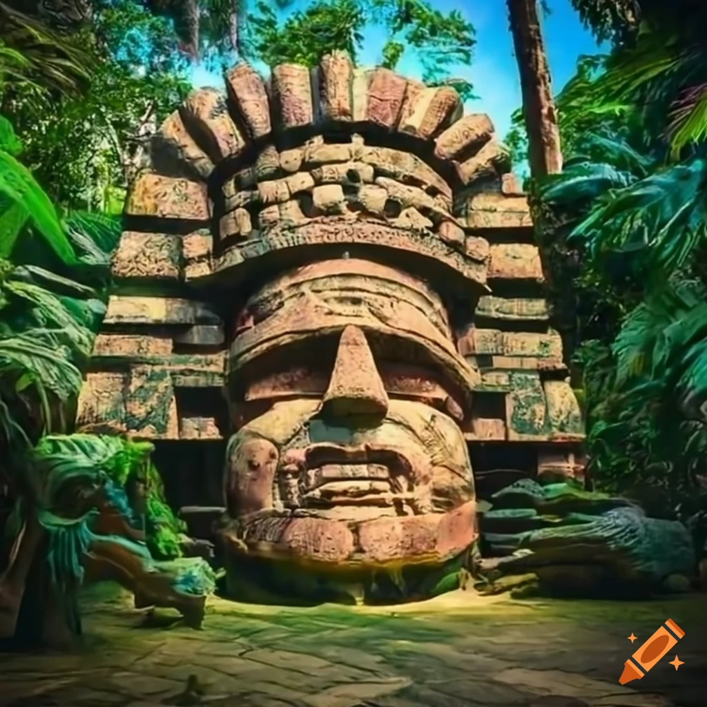 Aztec statue in a tropical forest on Craiyon