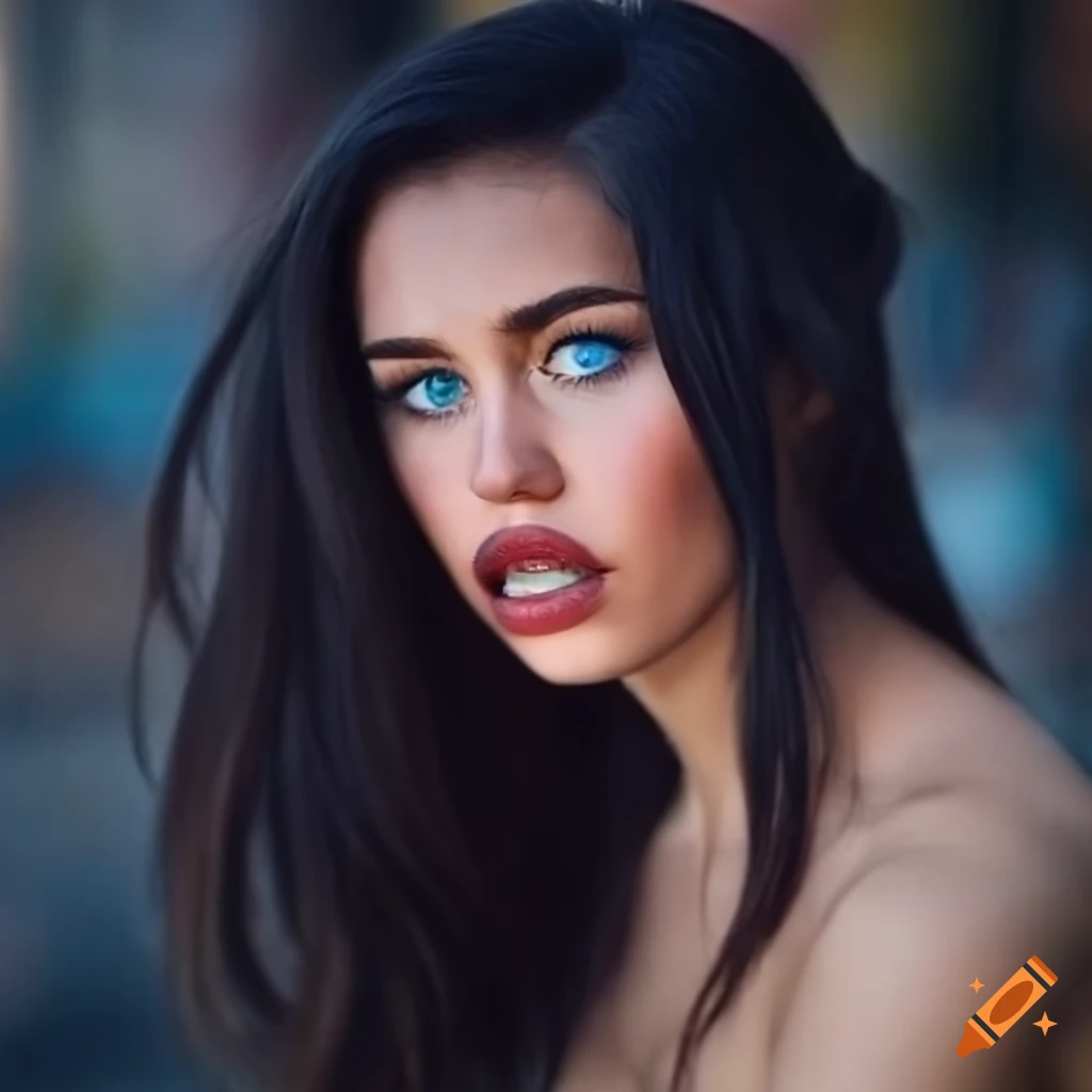 Portrait of a beautiful woman with tan skin and blue catlike eyes on Craiyon