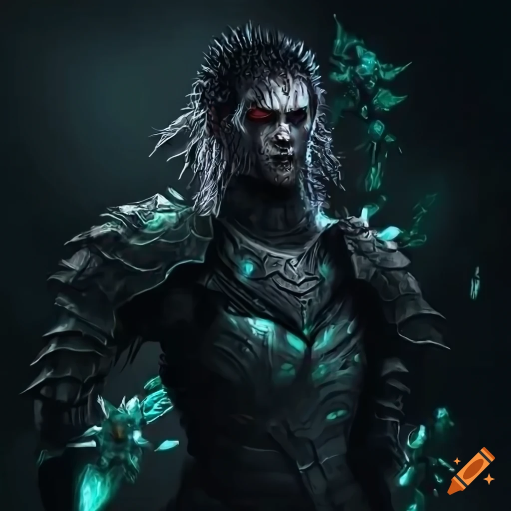 Illustration of a muscular man with glowing white hair and black armor ...