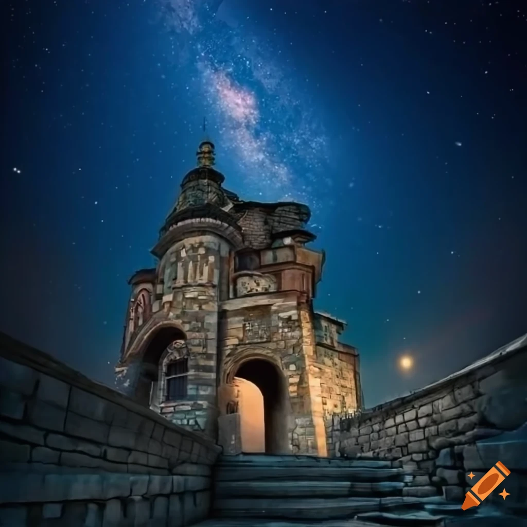 Fantasy stone building with helical staircase under the milky way on ...