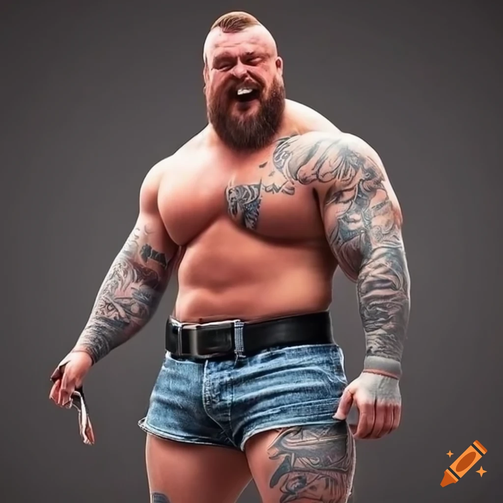 Eddie hall in shorts and leather belt on Craiyon