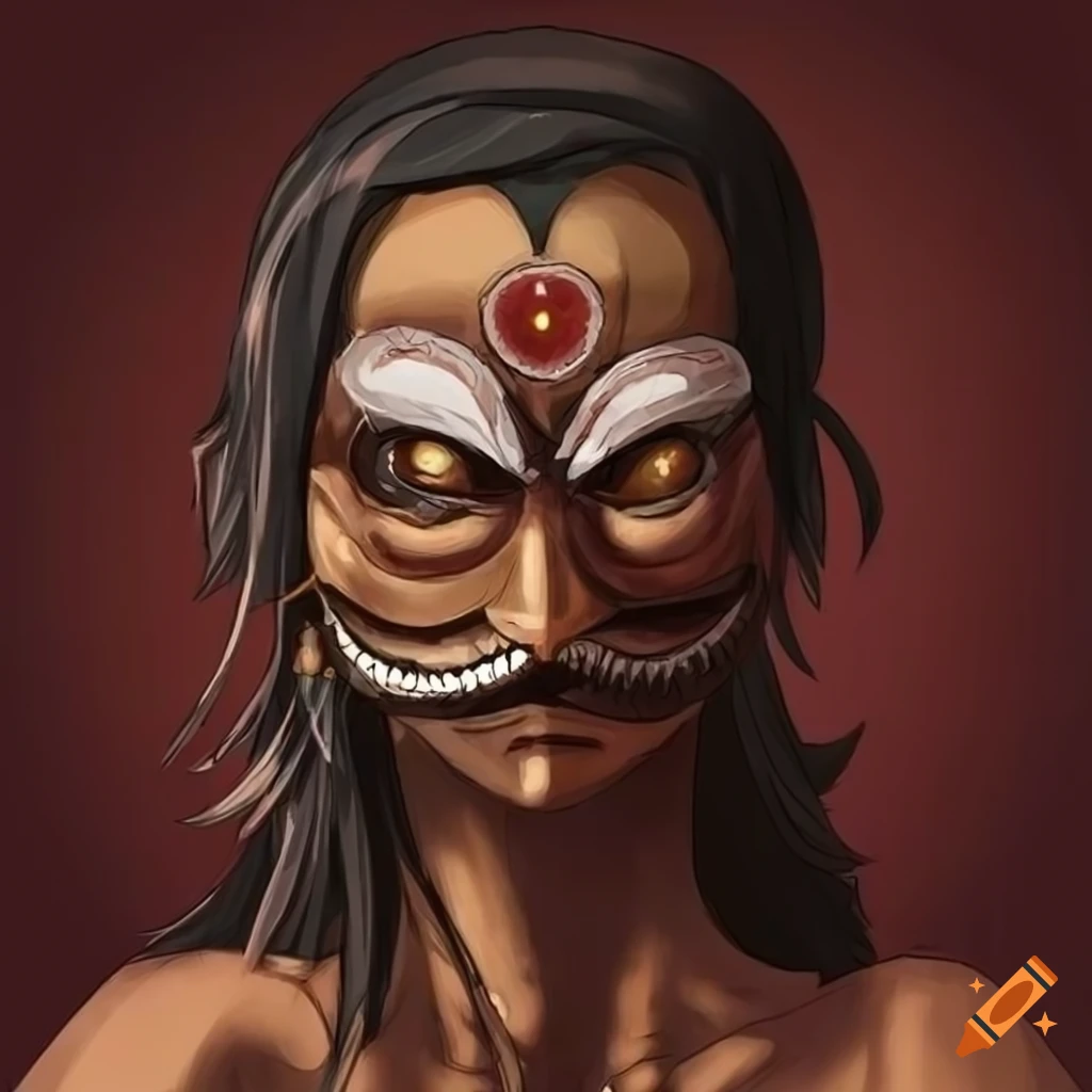Anime character with a crow mask and traditional indian clothes