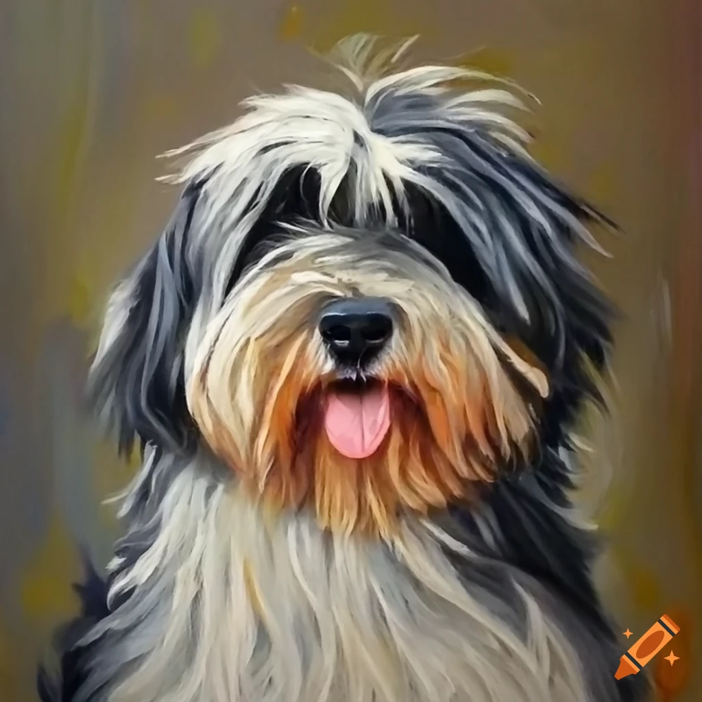 Cute and hairy old english sheepdog sitting on Craiyon