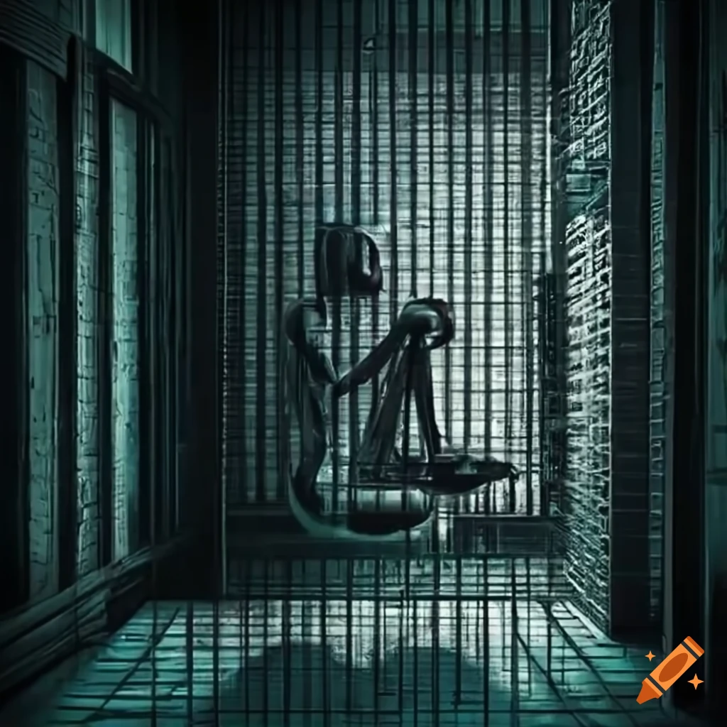 Dystopian jail cell with ai steel bars on Craiyon