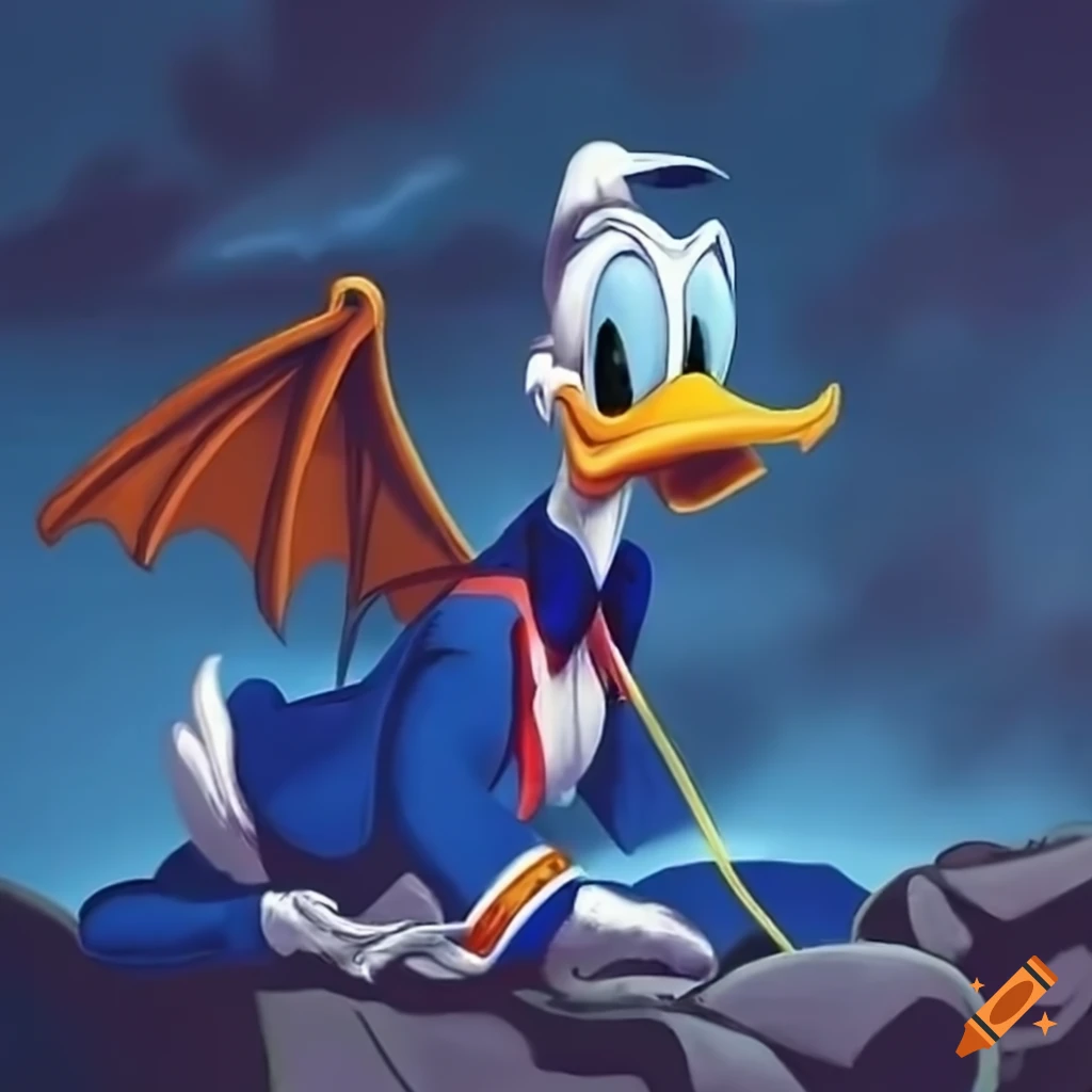 Cartoon image of donald duck riding a dragon on Craiyon