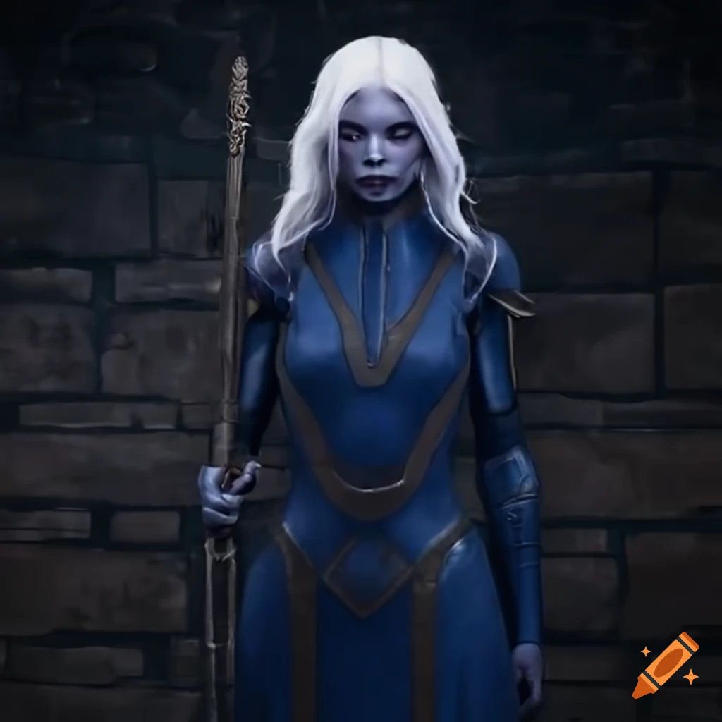 Female cleric in dark blue harlequin armor and mask on Craiyon